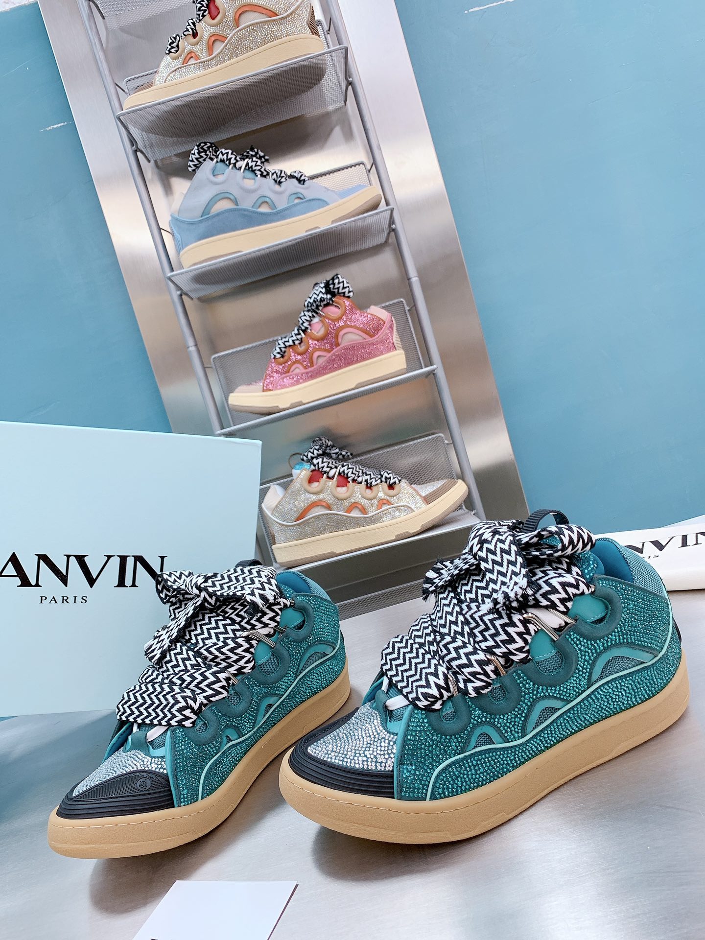 LANVIN Leather Curb Sneakers Rhinestone Green • SneakerDouble