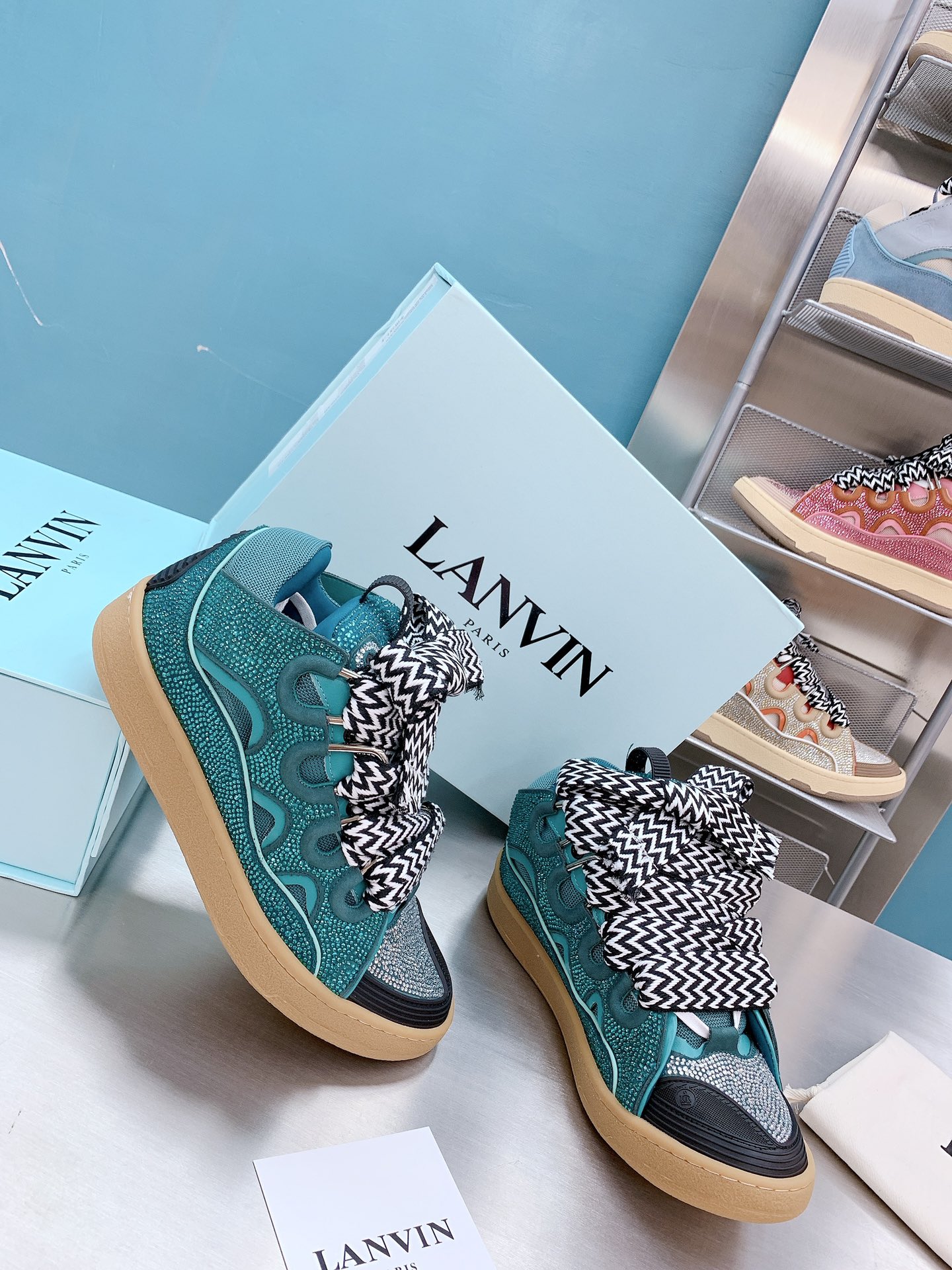 LANVIN Leather Curb Sneakers Rhinestone Green • SneakerDouble