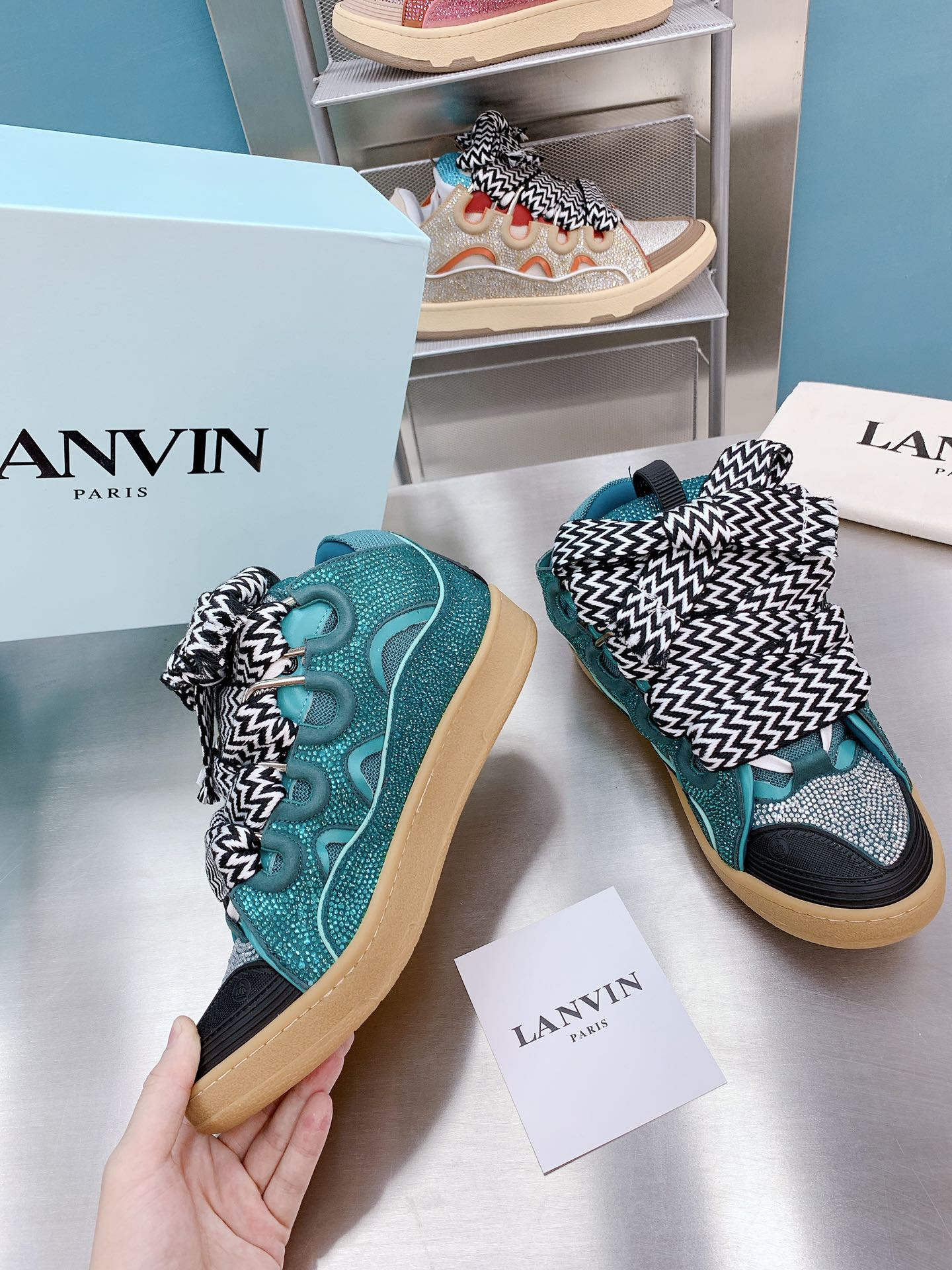 LANVIN Leather Curb Sneakers Rhinestone Green • SneakerDouble